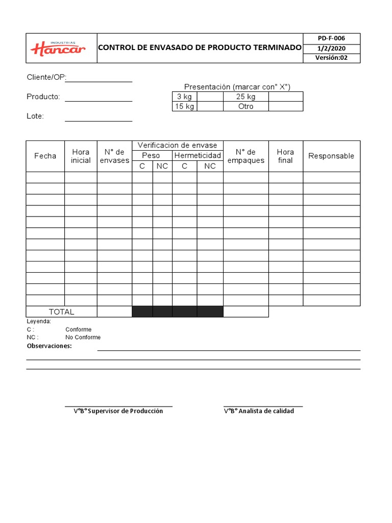 PD-F-006 Control de Envasado | PDF