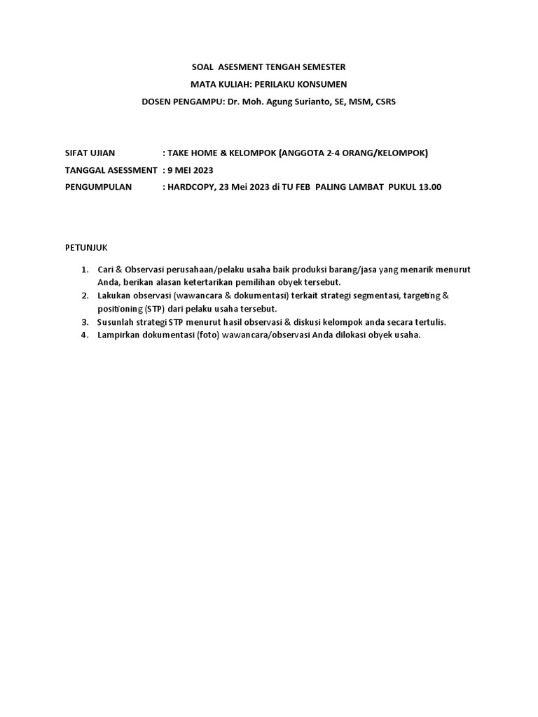 Soal Asesment Uts Genap - Perilaku Konsumen - 2022-2023 | PDF