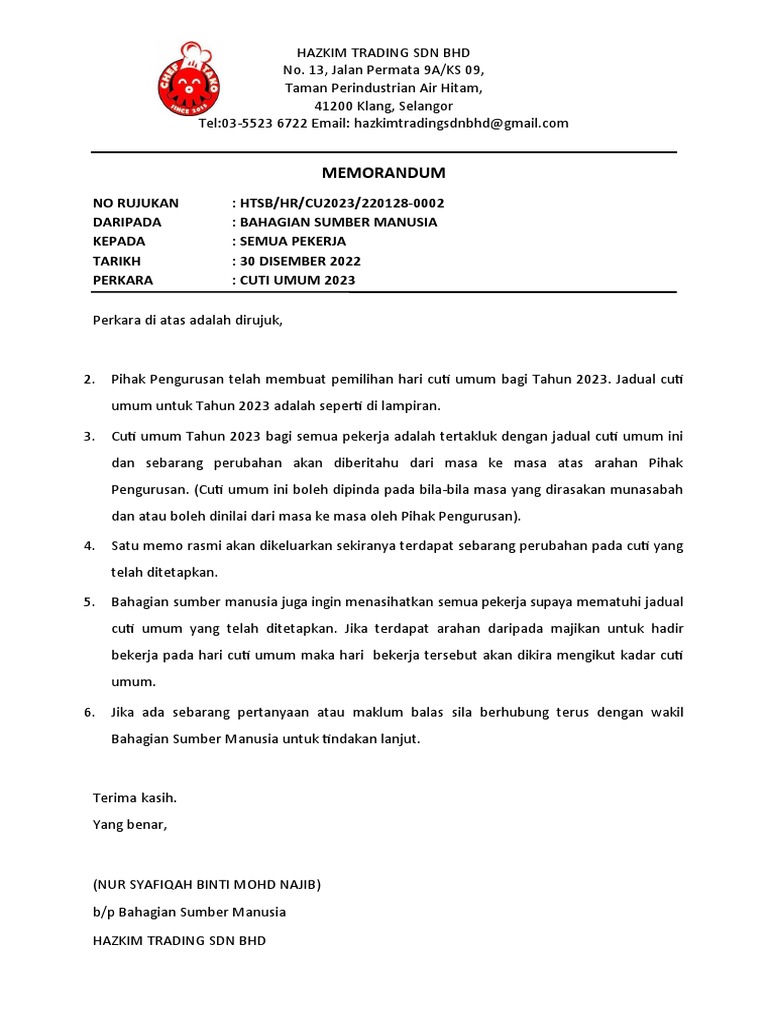 Draf MEMO CUTI UMUM 2023 | PDF