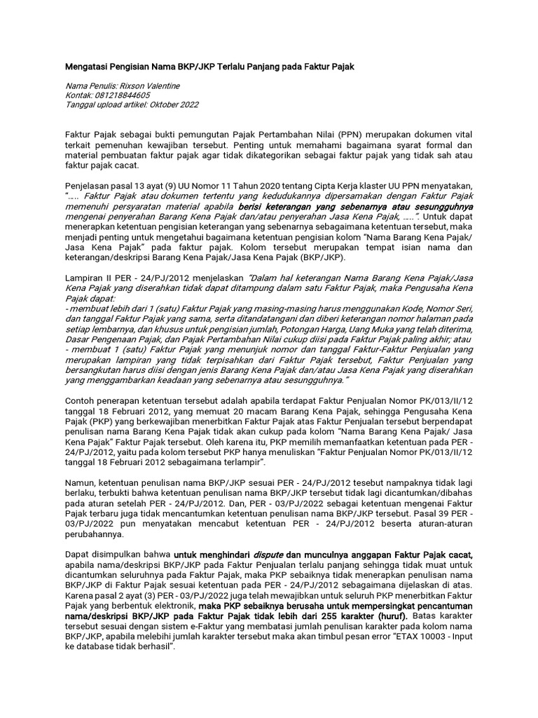Artikel - Rixson - Mengatasi Pengisian Nama BKP JKP Terlalu Panjang Pada Faktur Pajak | PDF