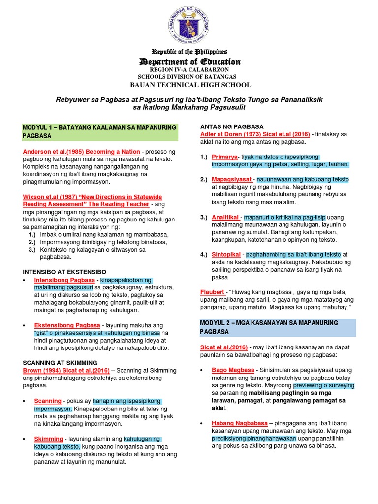 Rebyuwer Sa Pagbasa at Pagsusuri NG Ibat Ibang Teksto Tungo Sa ...