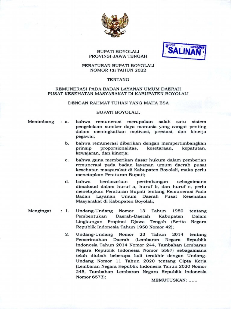 Salinan 2022 Perbup Kab Boyolali 1211 Remun Puskesmas | PDF Salinan 2022 Perbup Kab Boyolali 1211 Remun Puskesmas | PDF