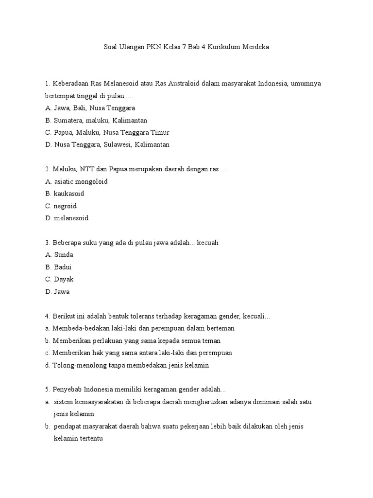 Soal Ulangan PKN Kelas 7 Bab 4 Kurikulum Merdeka | PDF