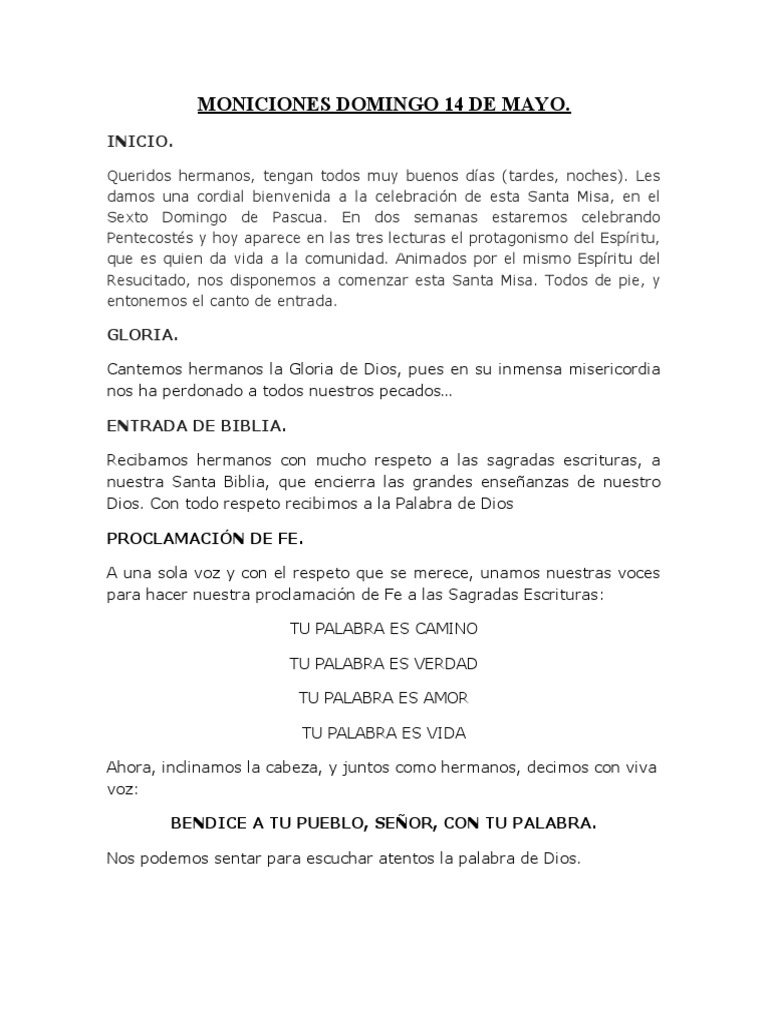 Moniciones Domingo 14 de Mayo | PDF | Misa (liturgia) | eucaristía