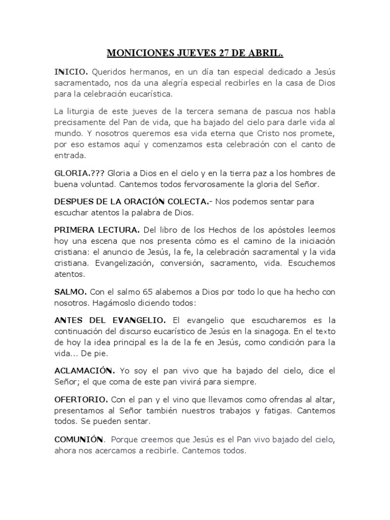 Moniciones 27 y 30 de Abril | PDF | Misa (liturgia) | eucaristía