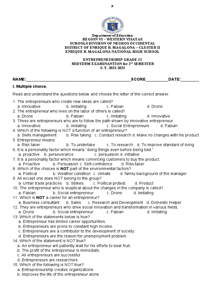Entrep Midterm Exam 2nd Sem | PDF | Entrepreneurship | Sales