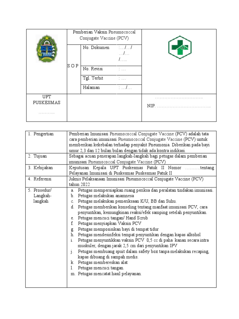 SOP 36 Pemberian Imunisasi PCV | PDF
