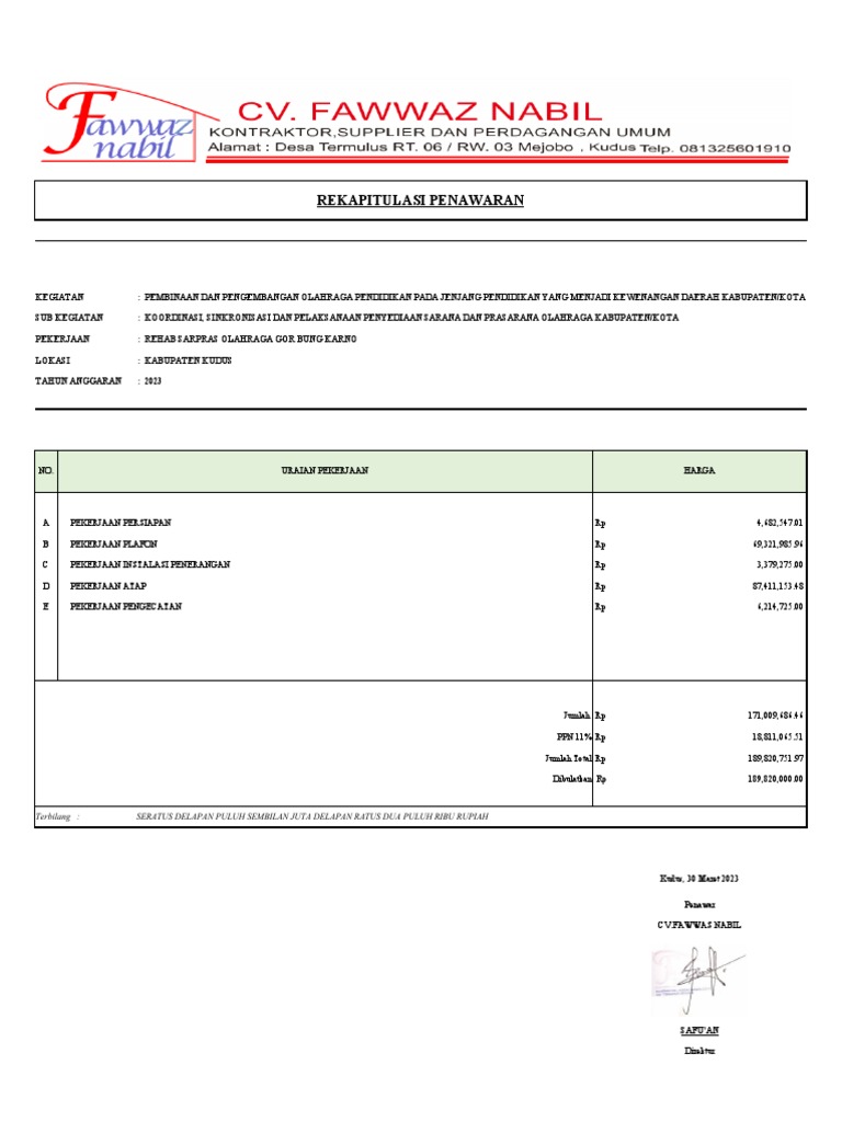 7 - RAB Penawaran Rehab Sarpras Olahraga Gor | PDF