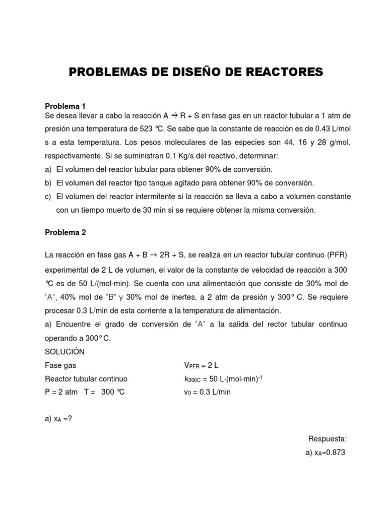 Problemas Diseño de Reactores | PDF | Reactor Quimico | Gases
