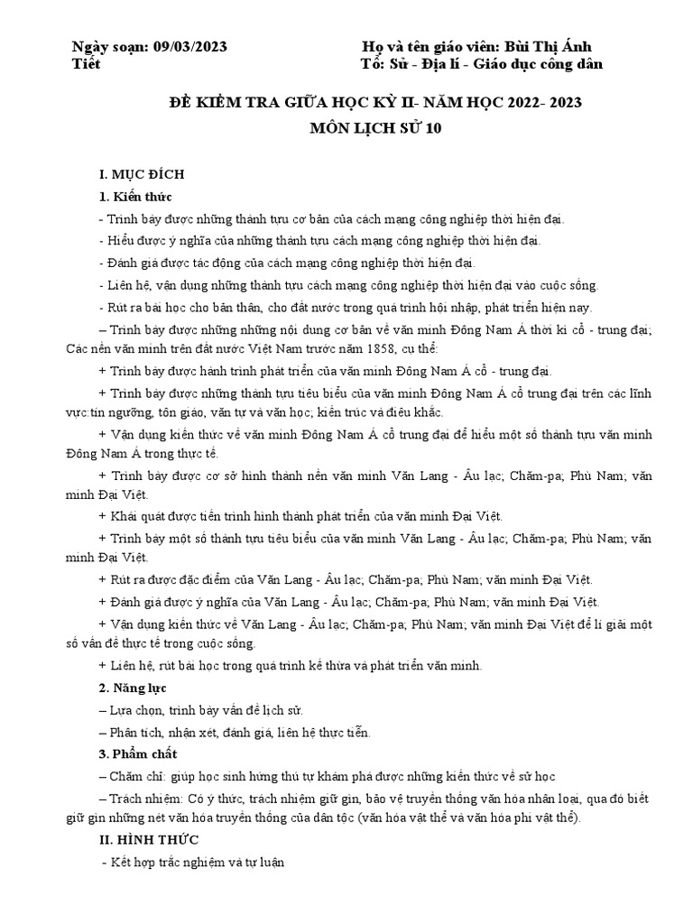 MA TRẬN ĐẶC TẢ LS 10 KTGK II 2023 | PDF