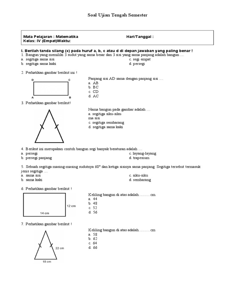 Soal PTS-Matematika Kelas 4 Semester 2 Tahun Ajaran 2021-2022 | PDF