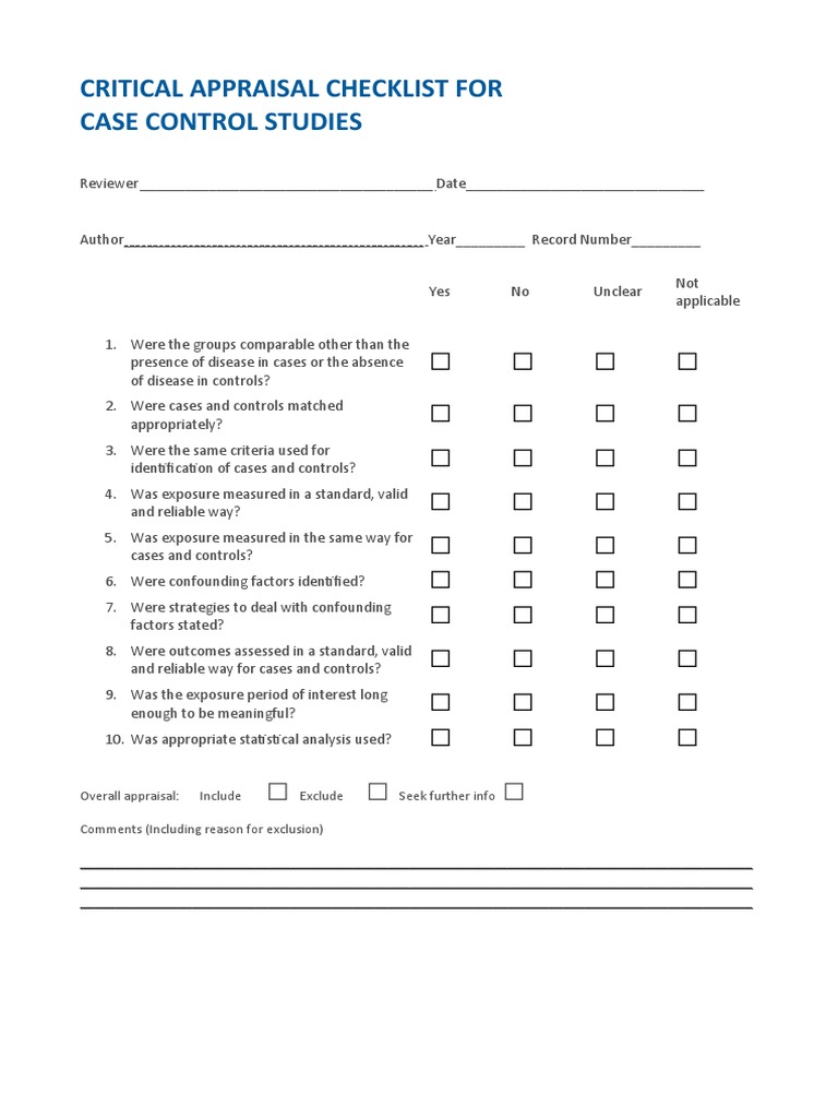 Case Control Study Appraisal Checklist | PDF | Confounding | Statistics