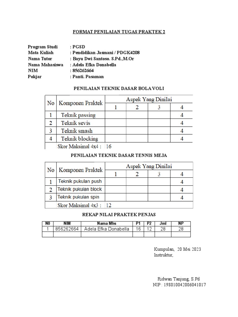 Penilaian Praktek Penjas PGSD 2023 | PDF