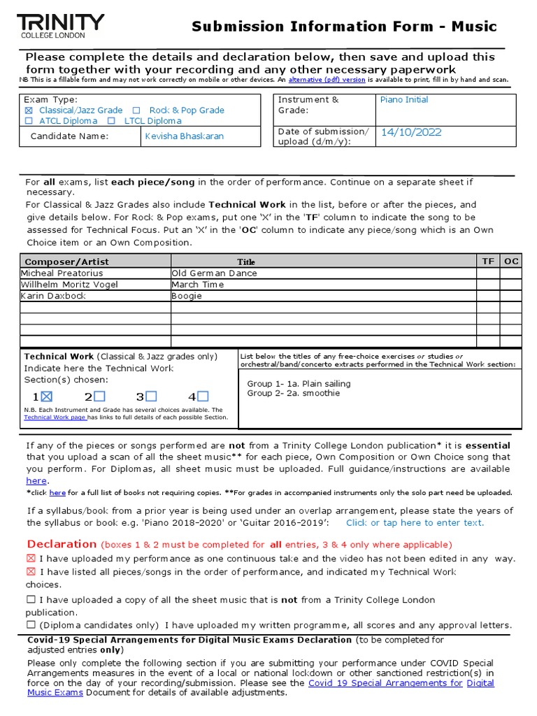 Music Exam Submission Form Guide | PDF | Sheet Music | Performing Arts