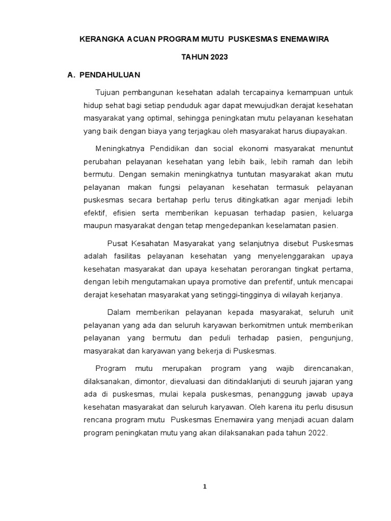 5.1.1.1 Kak Program Mutu Puskesmas Enemawira | PDF
