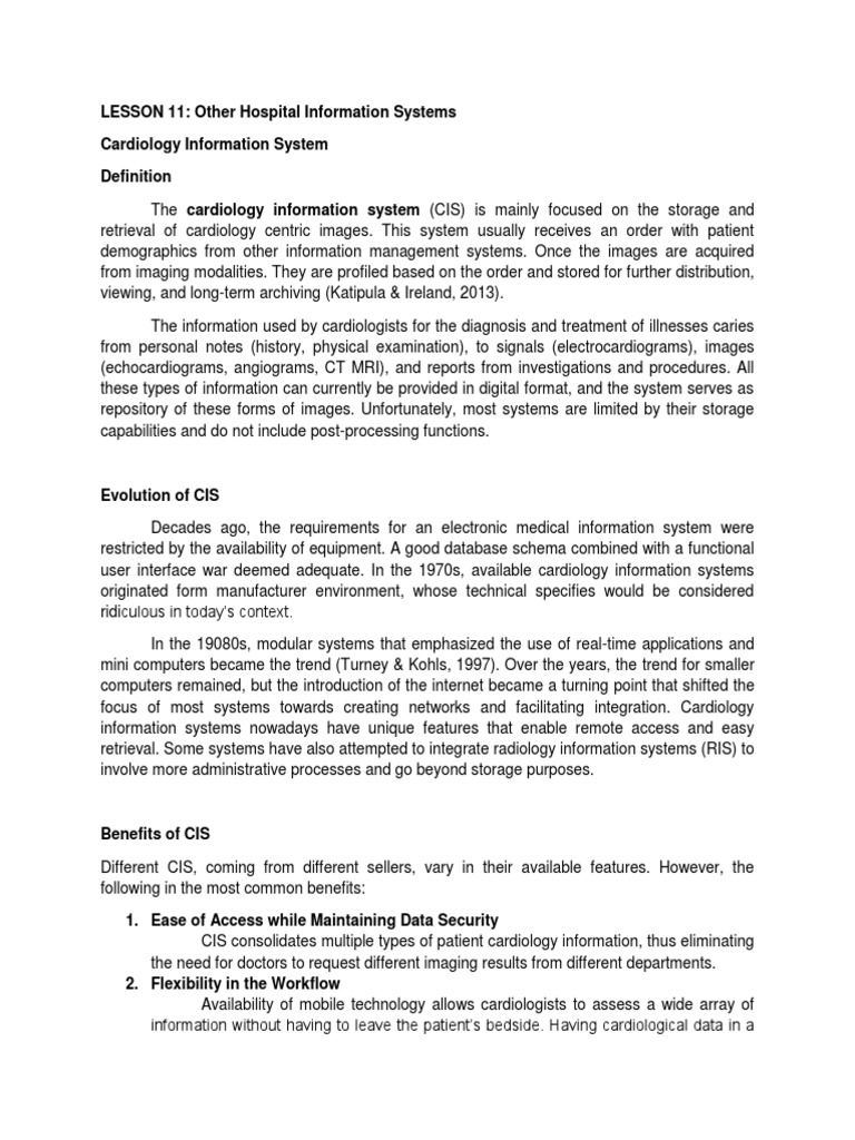 LESSON 11: Other Hospital Information Systems Cardiology Information ...