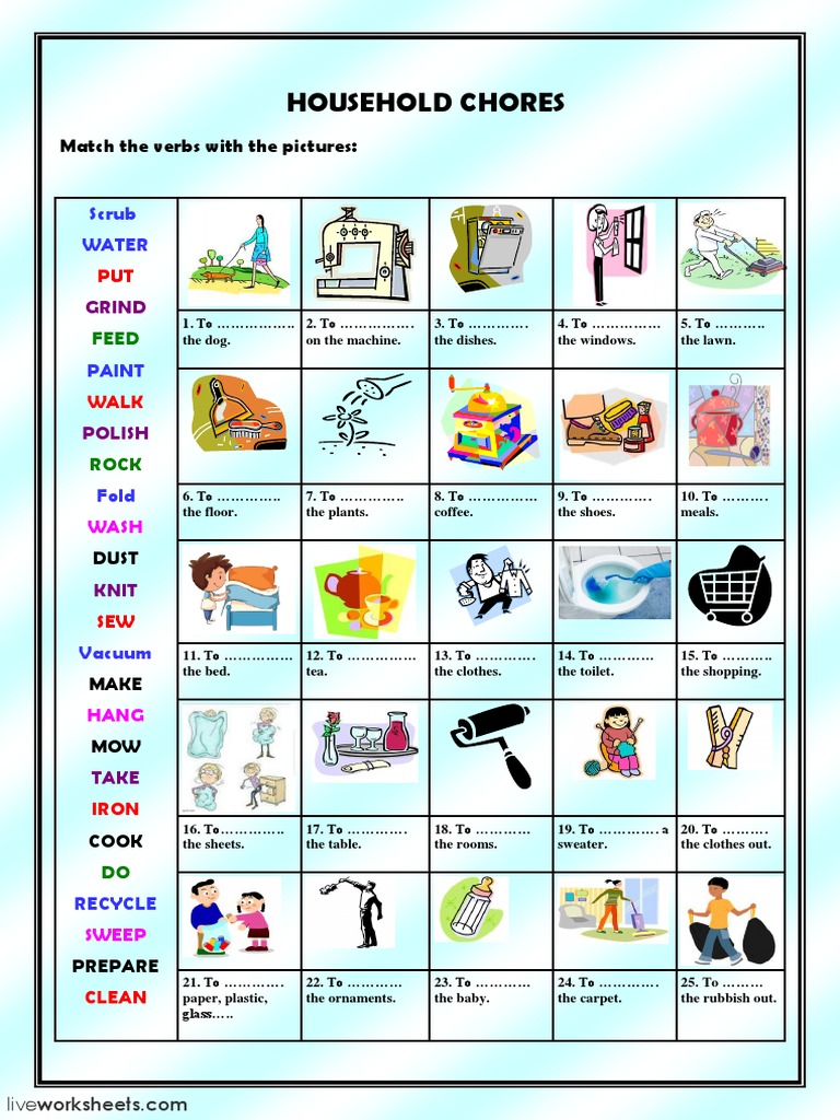 Household Chores: Match The Verbs With The Pictures | PDF