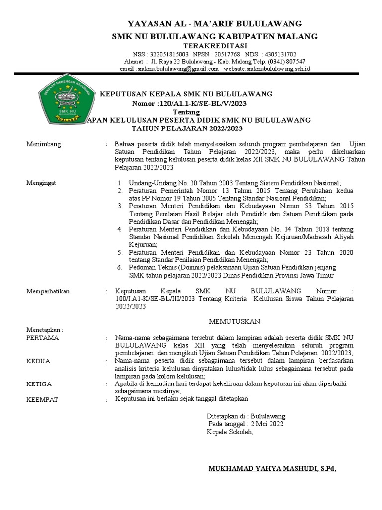 SK Penetapan Kelulusan 2023 SMK Nubu | PDF