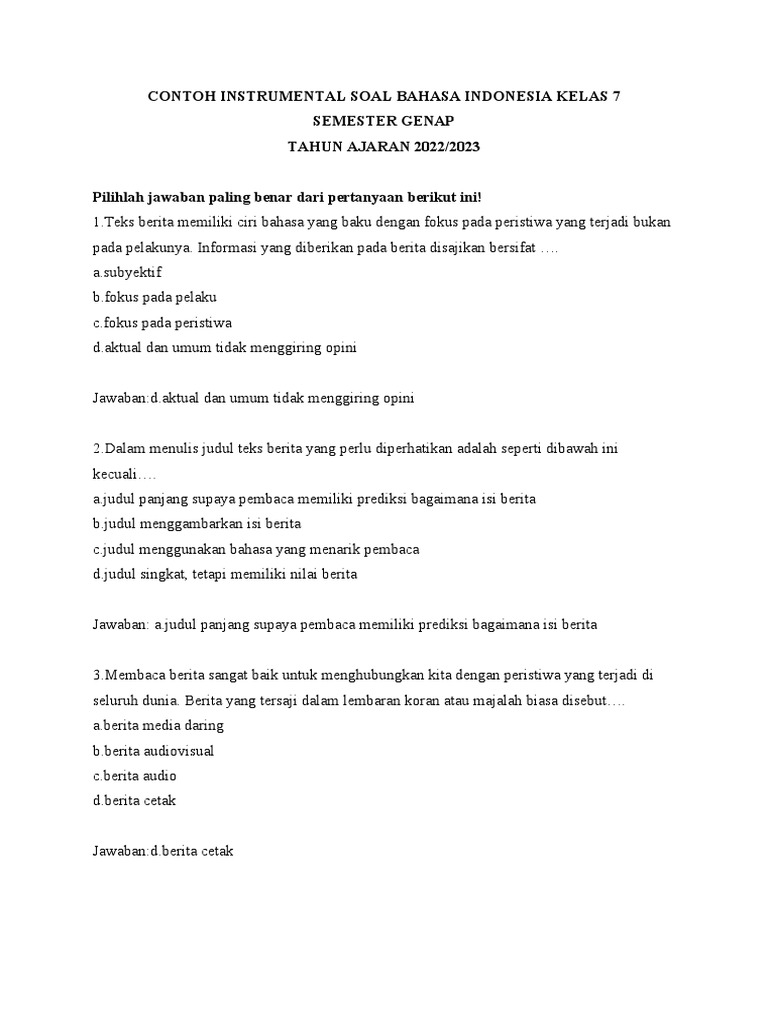 Soal Bahasa Indonesia Kelas 7 Sem 2 Pdf