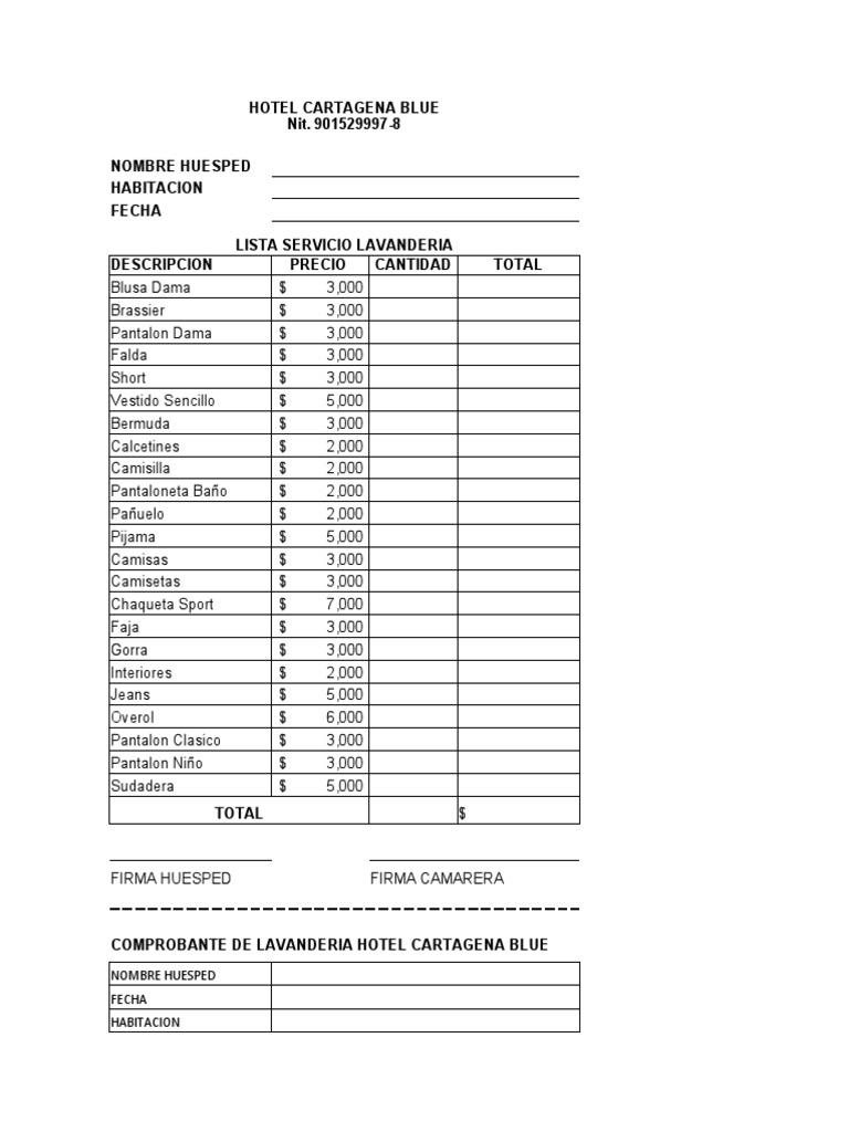 Formato Servicio de Lavanderia Hoteles | PDF | Cocina, comidas y vino