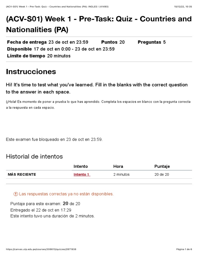 (ACV-S01) Week 1 - Pre-Task: Quiz - Countries and Nationalities (PA) : InGLES I (41493) | PDF