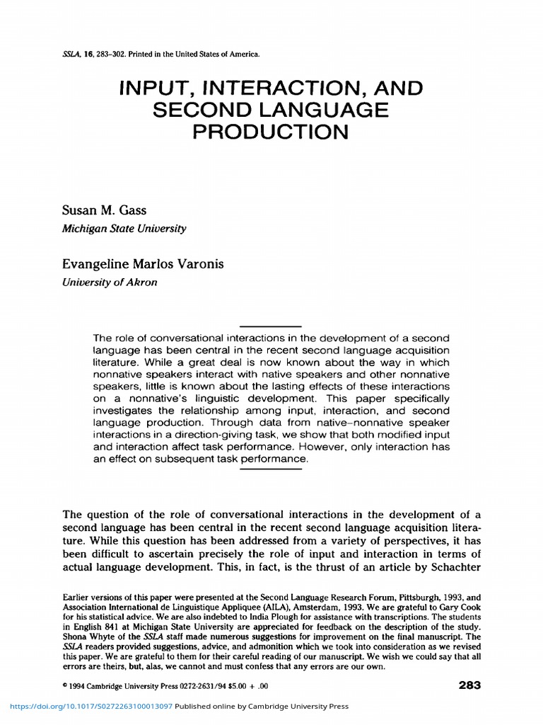 Gass, S., & Varonis, E. (1994) Input-Interaction-And-Second-Language-Production | PDF | Second ...