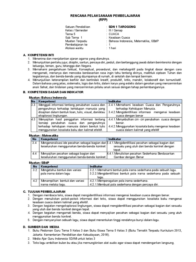 01 RPP Kelas 3 Tema 5 Subtema 1-4 | PDF