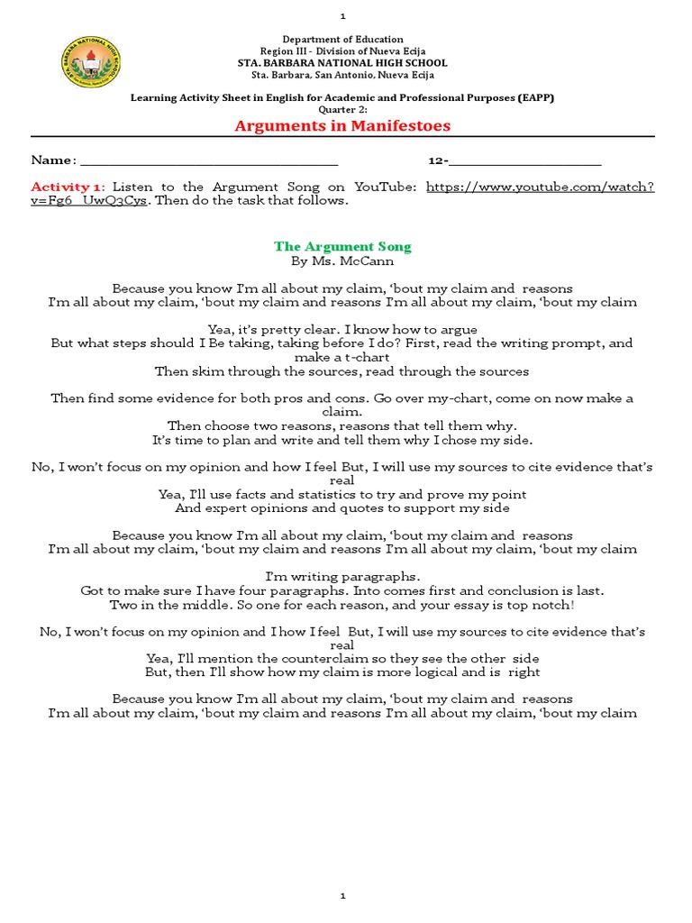 EAPP - Arguments in Manifestoes - LAS | PDF | Profanity | Argument