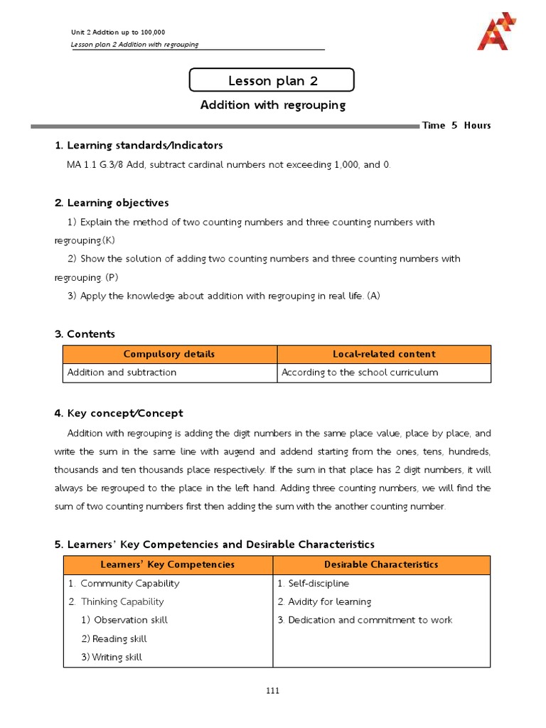 Lesson Plan 2-2 Addition With Regrouping | Download Free PDF | Learning ...