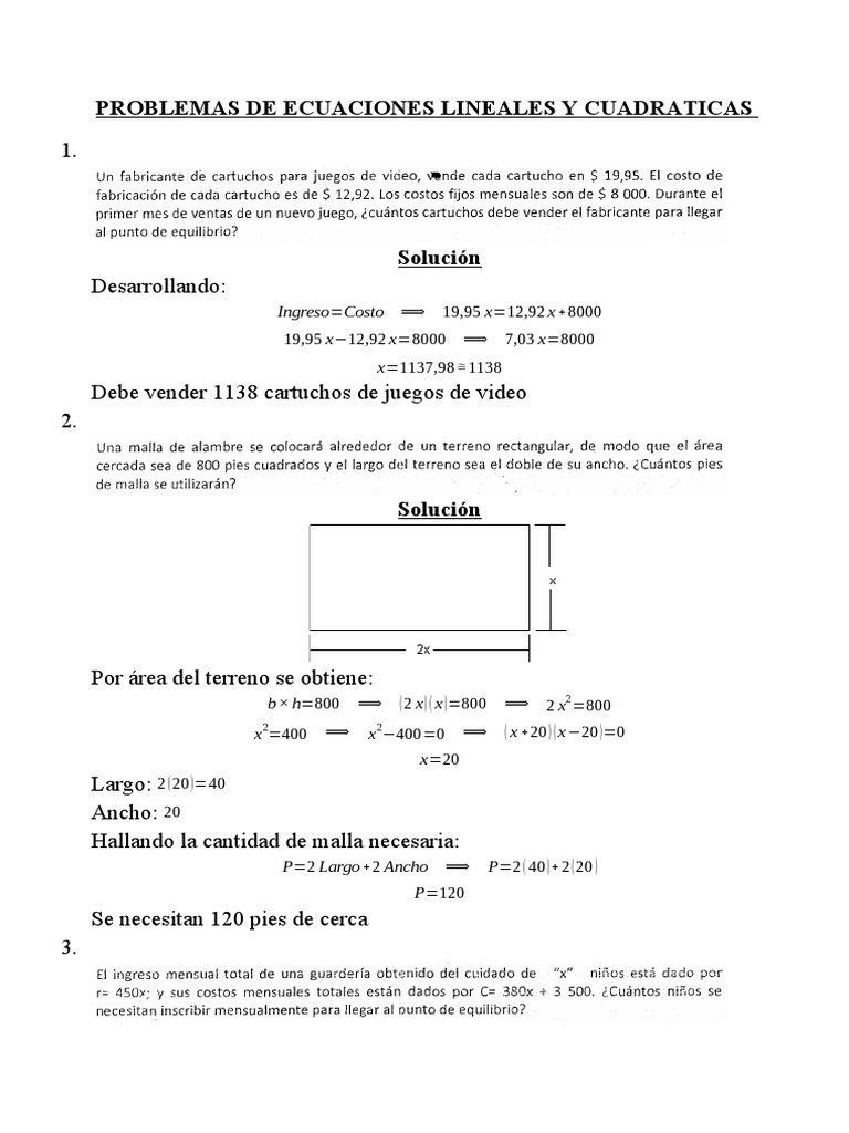 Problemas de Ecuaciones Lineales y Cuadraticas | PDF