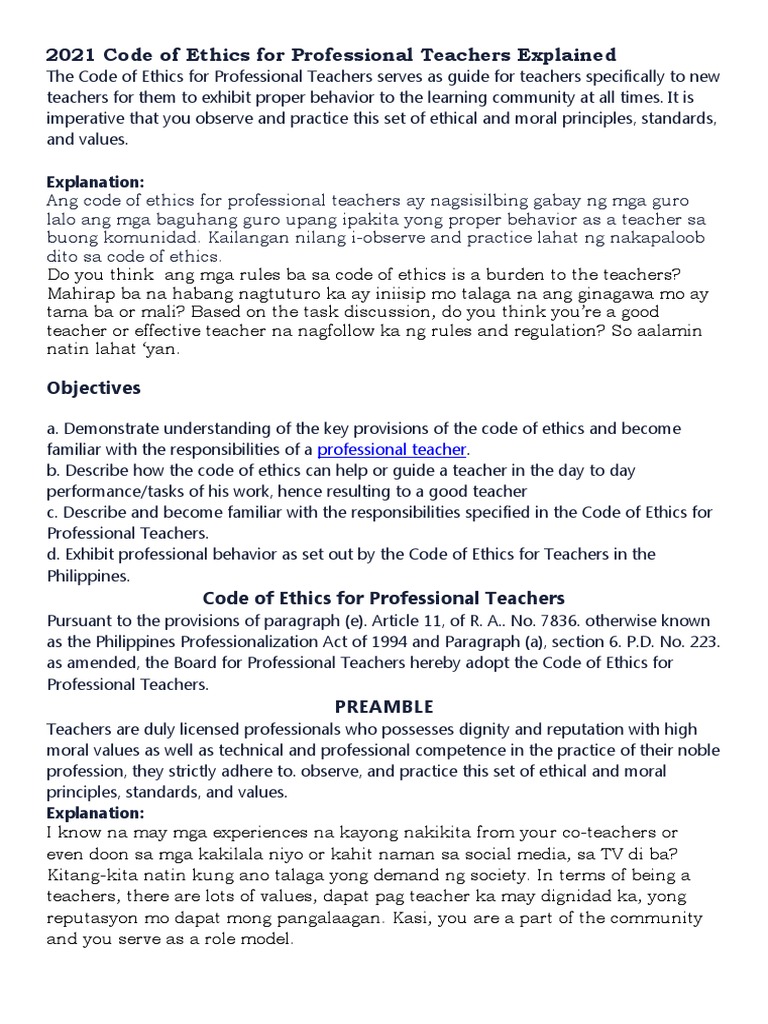 2021 Code of Ethics For Professional Teachers Explained | PDF ...