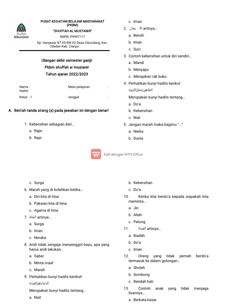Soal Uas Hadist Kelas 1 2022-2023 | PDF