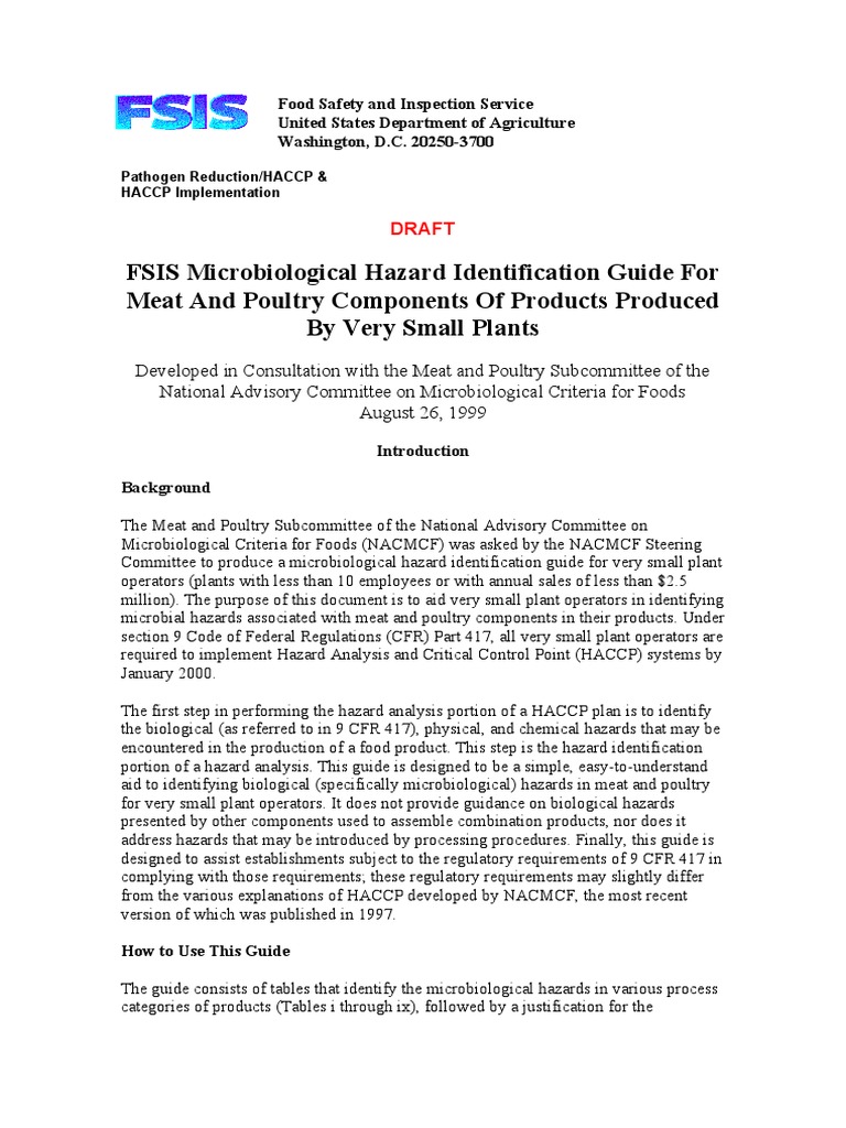 FSIS Microbiological Hazard Identification Guide For Meat and Poultry Components of Products ...