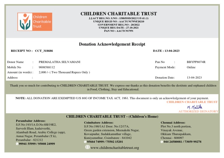 Children Charitable Trust: Donation Acknowledgement Receipt | PDF