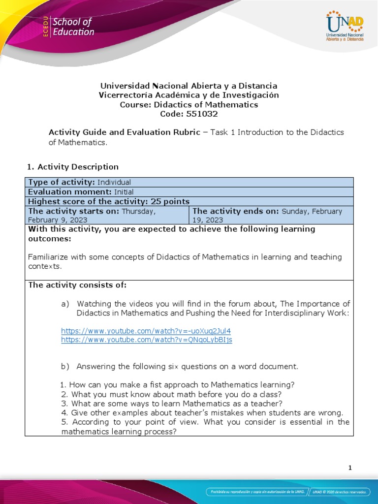Activity Guide And Evaluation Rubric Unit 1 Task 1 Introduction To The Didactics Of