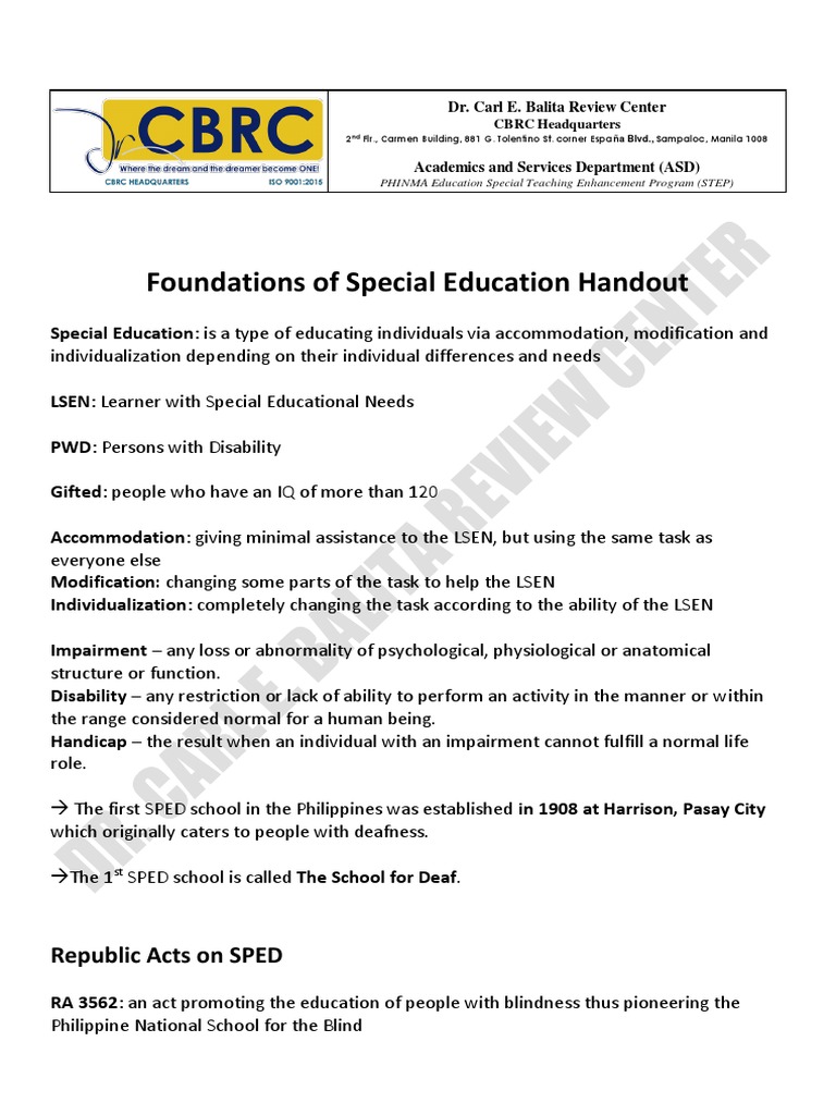 Handout Foundation of Special Education | PDF | Mental Disorder ...