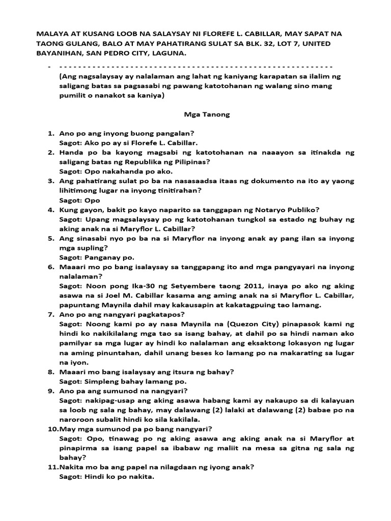 Malaya at Kusang Loob Na Salaysay Ni Florefe L | PDF