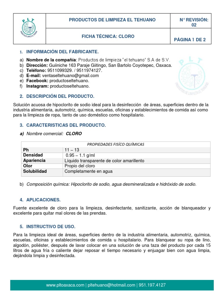 Ficha Técnica Cloro | PDF | Agua | Blanqueador