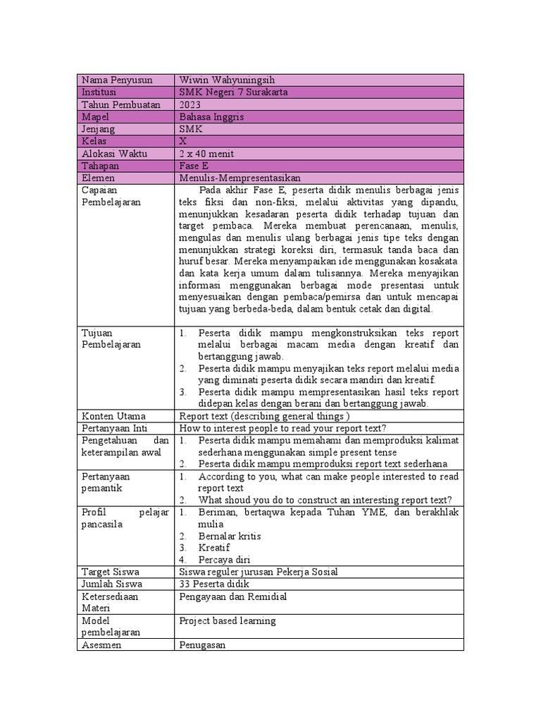 Modul Ajar Report Text Fase E Model PJBL | PDF