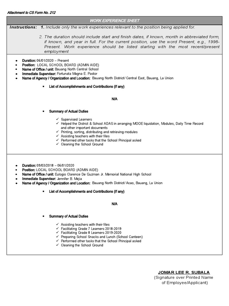 Work Experience Sheet | Download Free PDF | Cognition | Learning