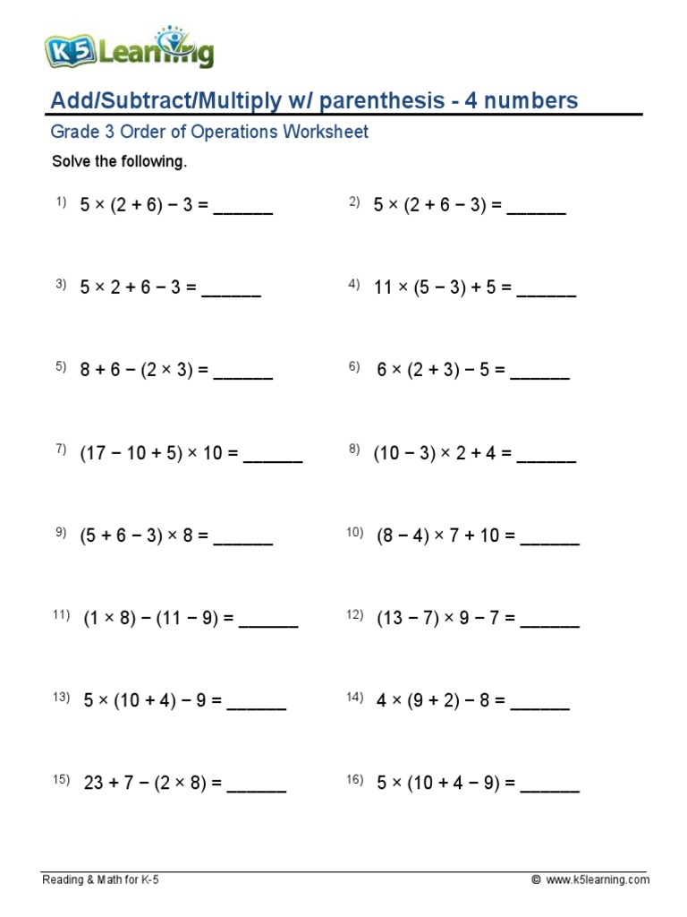 Grade 3 Order of Operations Worksheet | PDF