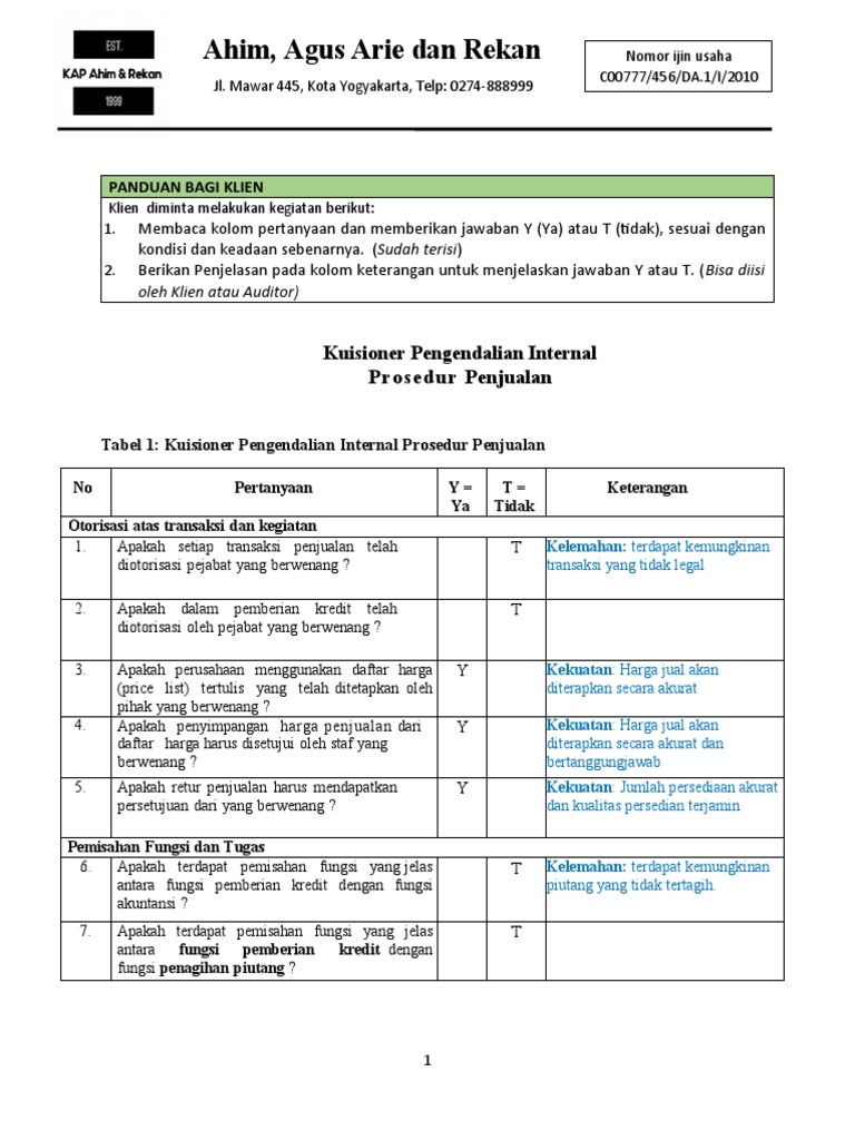 Kuisioner Pengendalian Internal Penjualan | PDF