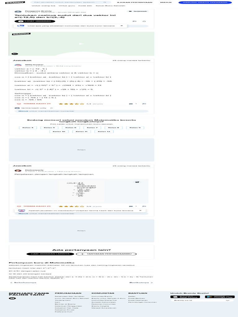 Tentukan Cosinus Sudut Dari Dua Vektor Ini A (-12,5) Dan B (3,-4) - Brainly - Co.id | PDF