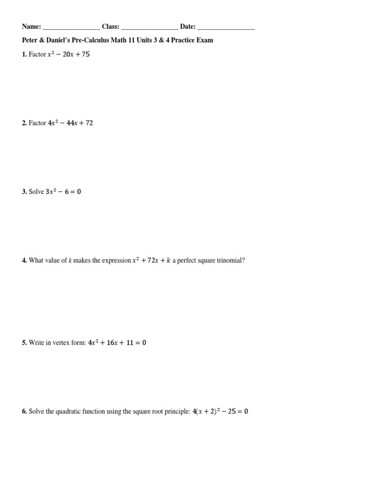 Peter Daniel Pre Calc 11 Unit 3&4 Exam | PDF