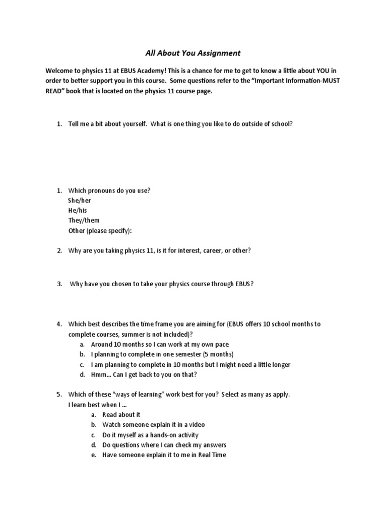 All About You Assignment | PDF | Mathematics | Cognition