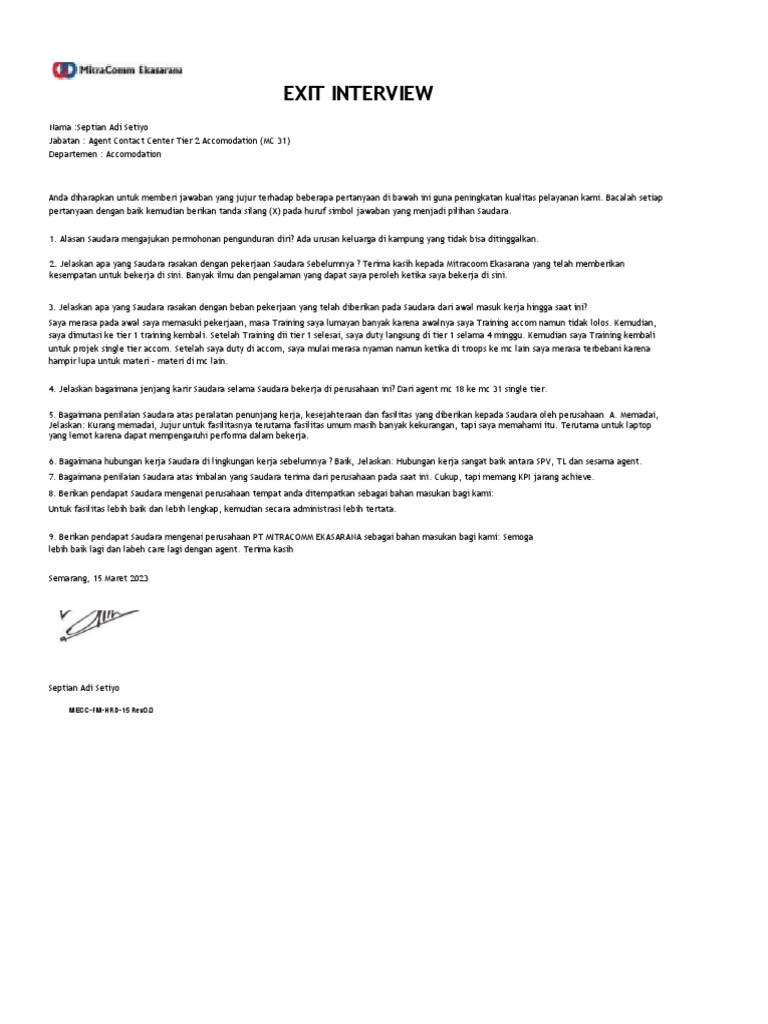 Form Exit Interview | PDF | Karier & Perkembangan