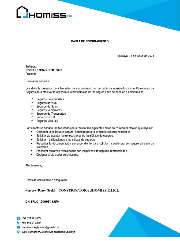 Modelo Carta Nombramiento JHOMISS | PDF | Seguro
