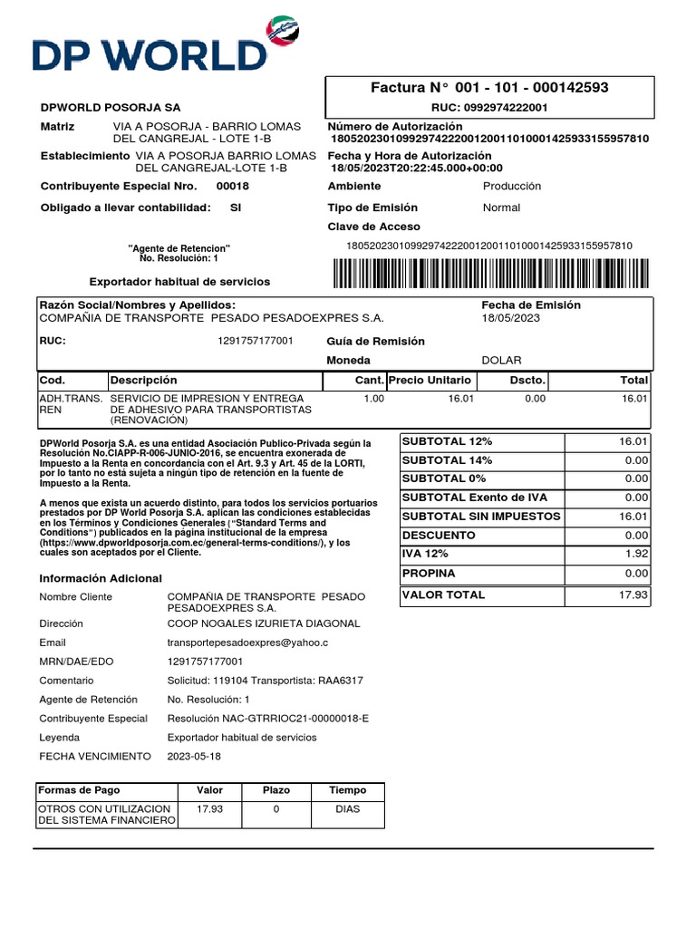 FACTURA 001-101-000142593 Ride | PDF | Dinero | Economias