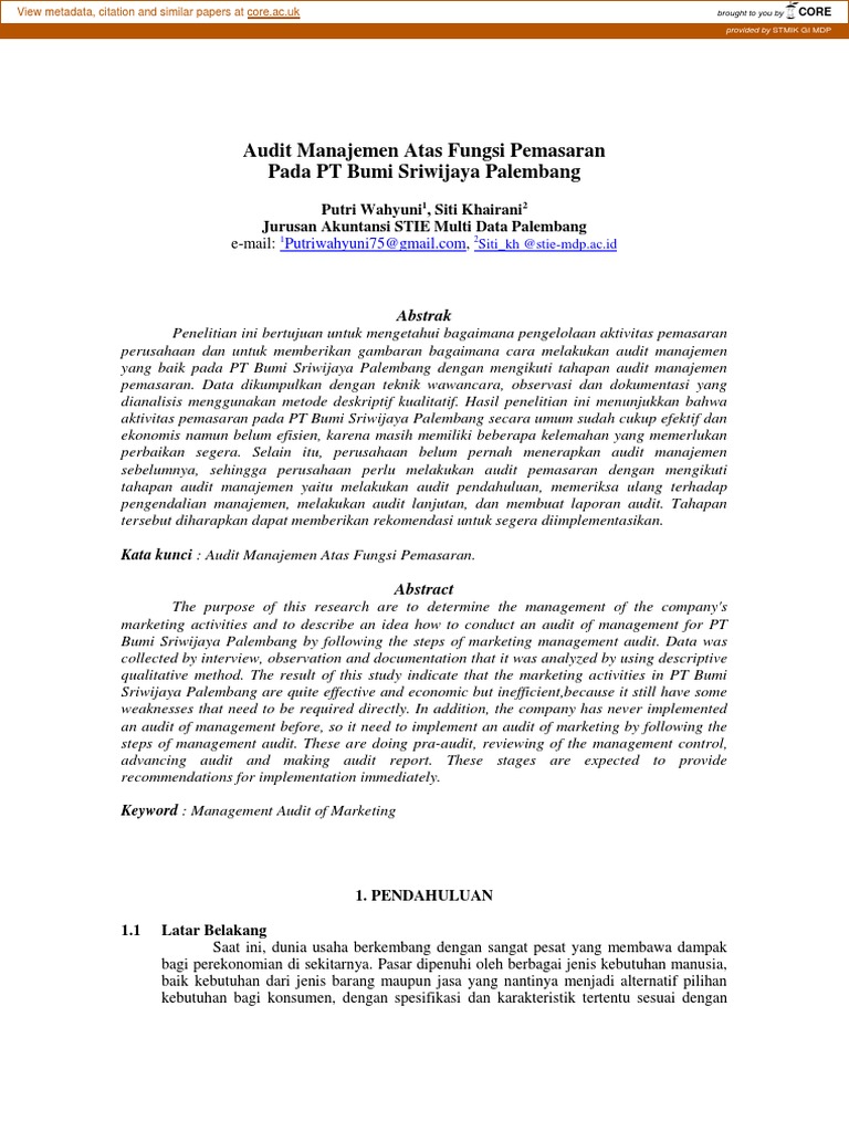 Audit Pemasaran di PT Bumi Sriwijaya | PDF