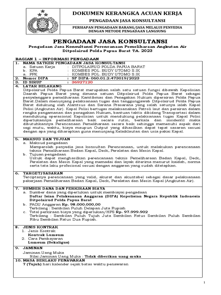 KAK Pengadaan Jasa Konsultansi Perencanan Pemeliharaan Kapal | PDF | Bisnis | Sains & Matematika